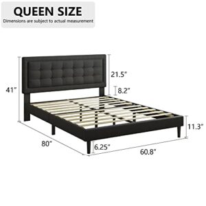 Lijimei Queen Size Bed Frame with Button Headboard, Platform Upholstered in Linen Fabric,Mattress Foundation with Wooden Slats Support, Easy Assembly, No Box Spring Needed, Dark Gray