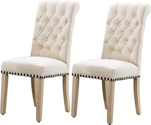 loulens linen fabric dining chairs, set of 2 modern parson chair, fashionable dining room chairs with nailheads trim, button tufting, solid wood legs living room chairs,beige