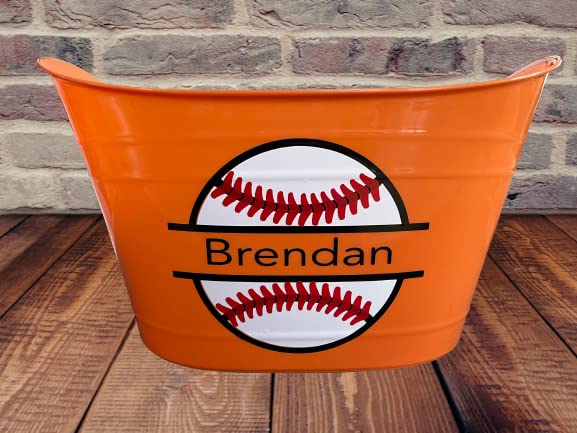 Personalized Easter Baskets for Kids - Custom Baseball Sports Bucket - Plastic Pail With Name (Orange)