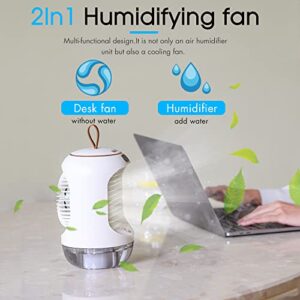 ladoweir Rotating Humidification USB Desktop Fan, 3600 mAh Battery Operated Portable Personal Fan With LED Warm Night Light, Three Speeds Adjustable for Home, Office And Bedroom