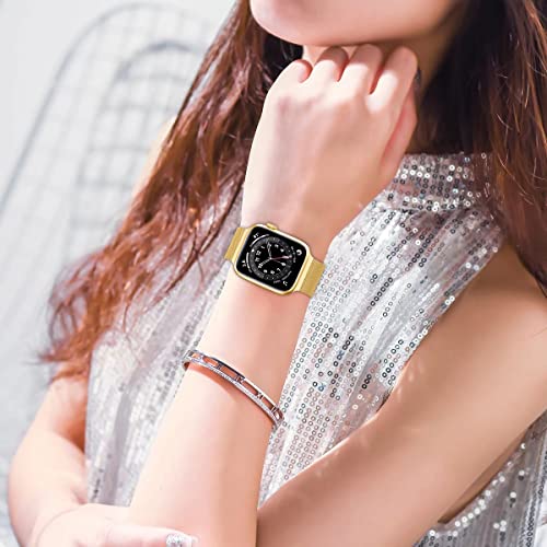 Zsuoop Metal Stainless Steel Band Compatible with Apple Watch Bands 41mm With Screen Protector Case,Magnetic Loop Milanese Adjustable Bands for iWatch Series 8/7/6/5/4/3/2/1/SE Women Men,Yellow Gold