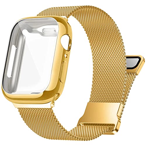 Zsuoop Metal Stainless Steel Band Compatible with Apple Watch Bands 41mm With Screen Protector Case,Magnetic Loop Milanese Adjustable Bands for iWatch Series 8/7/6/5/4/3/2/1/SE Women Men,Yellow Gold