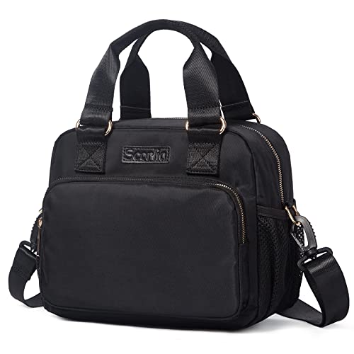 Scorlia Insulated Lunch Bag for Women, Reusable Lunch Cooler Tote Box, Lunch Organizer with Adjustable Shoulder Strap, Front Zipper Pocket and Mesh Side Pockets for Adults, Work, Black