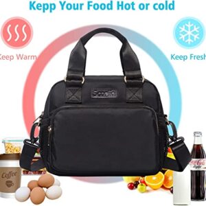 Scorlia Insulated Lunch Bag for Women, Reusable Lunch Cooler Tote Box, Lunch Organizer with Adjustable Shoulder Strap, Front Zipper Pocket and Mesh Side Pockets for Adults, Work, Black