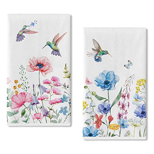 Seliem Summer Anemone Flower Hummingbird Kitchen Dish Towel Set of 2, Wild Floral Ultra Absorbent Hand Drying Baking Cooking Cloth, Spring Seasonal Decor Home Decorations 18 x 26 Inch