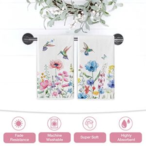 Seliem Summer Anemone Flower Hummingbird Kitchen Dish Towel Set of 2, Wild Floral Ultra Absorbent Hand Drying Baking Cooking Cloth, Spring Seasonal Decor Home Decorations 18 x 26 Inch