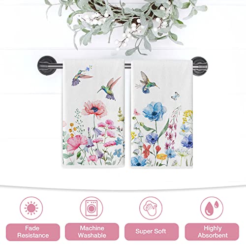 Seliem Summer Anemone Flower Hummingbird Kitchen Dish Towel Set of 2, Wild Floral Ultra Absorbent Hand Drying Baking Cooking Cloth, Spring Seasonal Decor Home Decorations 18 x 26 Inch