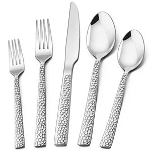 herogo stainless steel hammered square silverware set for 4, 20-piece fancy flatware cutlery set, metal tableware eating utensils set for home restaurant wedding, dishwasher safe