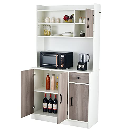 LOKO Kitchen Pantry Storage Cabinet, Kitchen Buffet with Hutch with Adjustable Shelves and Cable Management Hole, Tall Kitchen Hutch with Anti-tip Devices, 39.5 x 15.5 x 71 inches (White)