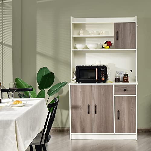 LOKO Kitchen Pantry Storage Cabinet, Kitchen Buffet with Hutch with Adjustable Shelves and Cable Management Hole, Tall Kitchen Hutch with Anti-tip Devices, 39.5 x 15.5 x 71 inches (White)