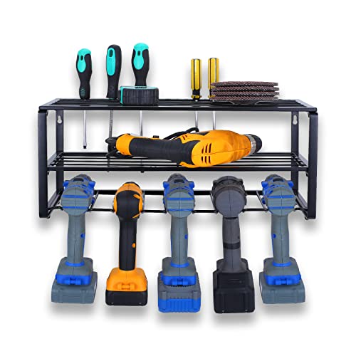 Power Tools Organizer, Electric Drill Storage Rack, Power Tool Rack for Garage, holds 5 Drills, Drill Holder Compact Steel Design for Workshop, Shed, Garage Tool Utility Racks (Upgraded,19 Inches Large)