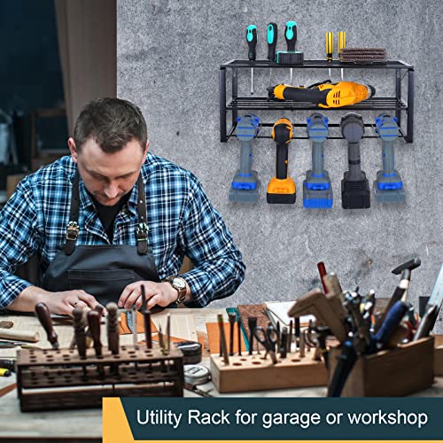 Power Tools Organizer, Electric Drill Storage Rack, Power Tool Rack for Garage, holds 5 Drills, Drill Holder Compact Steel Design for Workshop, Shed, Garage Tool Utility Racks (Upgraded,19 Inches Large)