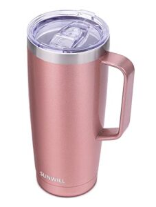 sunwill travel coffee mug with lid, insulated tumbler with handle 24oz, stainless steel coffee tumbler double wall, reusable insulated mug, pearlized rose gold