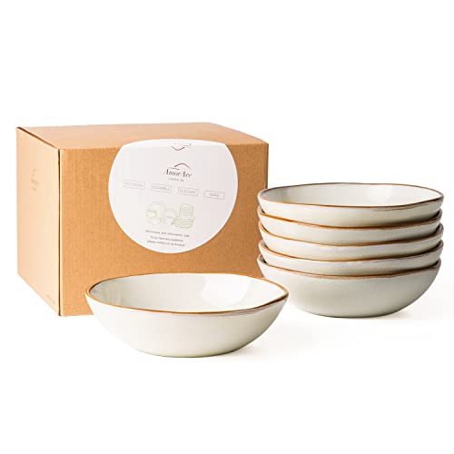 AmorArc Ceramic Cereal Bowls Set of 6, 24 oz Handmade Stoneware Bowls Set for Cereal Soup Salad Bread, Stylish Kitchen Bowls for Meal, Dishwasher & Microwave Safe, Reactive Glaze Ivory