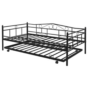 Twin Daybed with Trundle Metal Day Bed Frame with Pullout Trundle, Heavy-Duty Daybed for Living Room Bedroom Kids Teens and Adults, Black