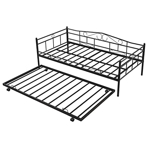 Twin Daybed with Trundle Metal Day Bed Frame with Pullout Trundle, Heavy-Duty Daybed for Living Room Bedroom Kids Teens and Adults, Black