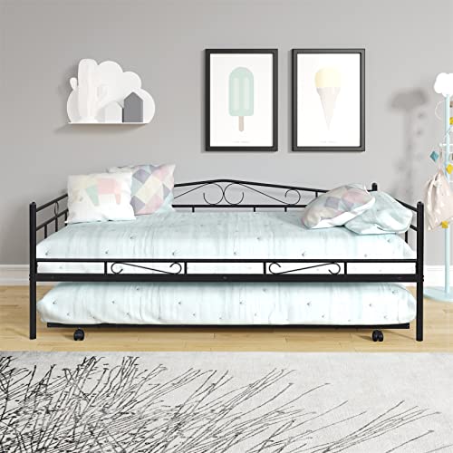 Twin Daybed with Trundle Metal Day Bed Frame with Pullout Trundle, Heavy-Duty Daybed for Living Room Bedroom Kids Teens and Adults, Black