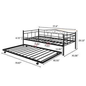 Twin Daybed with Trundle Metal Day Bed Frame with Pullout Trundle, Heavy-Duty Daybed for Living Room Bedroom Kids Teens and Adults, Black