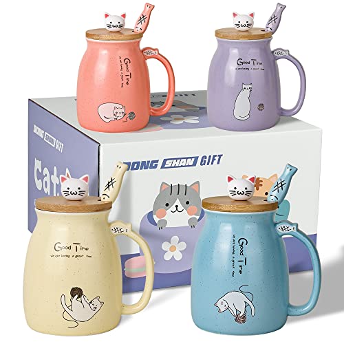 Cute Cat Mug Set of 4 Ceramic Coffee Cups with Lovely Kitty lid and Fish Spoon Novelty Morning Tea Milk Mug Set for Girls Women Christmas Birthday Gift 500ML/15oz (4pcs,Blue Pink Purple Yellow)