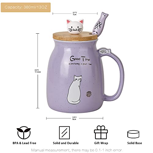 Cute Cat Mug Set of 4 Ceramic Coffee Cups with Lovely Kitty lid and Fish Spoon Novelty Morning Tea Milk Mug Set for Girls Women Christmas Birthday Gift 500ML/15oz (4pcs,Blue Pink Purple Yellow)