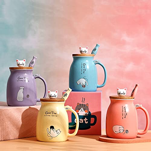 Cute Cat Mug Set of 4 Ceramic Coffee Cups with Lovely Kitty lid and Fish Spoon Novelty Morning Tea Milk Mug Set for Girls Women Christmas Birthday Gift 500ML/15oz (4pcs,Blue Pink Purple Yellow)