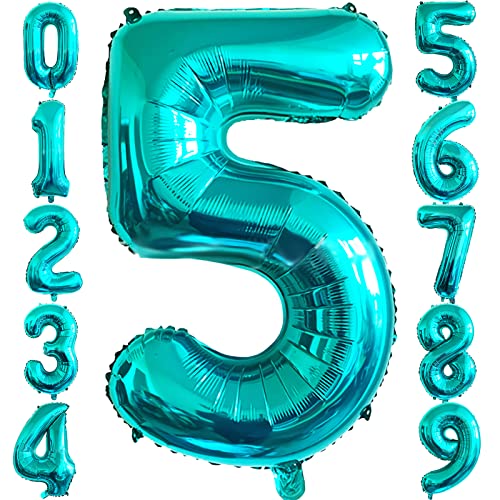 40 inch Teal Blue Number 5 Balloon, Big Size Teal Blue Digit Foil Mylar Helium Balloons for Baby Shower 5th Birthday Party Wedding Anniversary Bachelorette Decoration Supplies