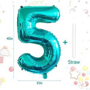 40 inch Teal Blue Number 5 Balloon, Big Size Teal Blue Digit Foil Mylar Helium Balloons for Baby Shower 5th Birthday Party Wedding Anniversary Bachelorette Decoration Supplies