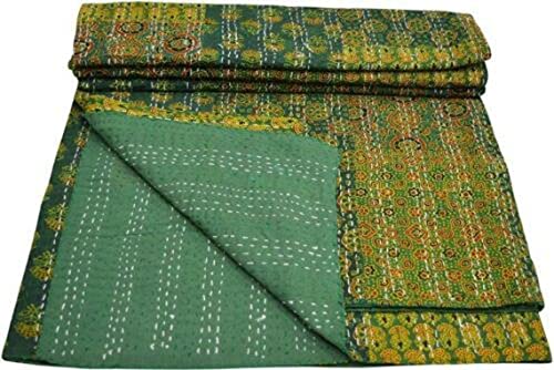 Maviss Homes Beautiful Indian Traditional Patchwork Super Soft Cotton Double Kantha Quilt | Throw Blanket Bedspreads | Cozy Blanket Quilt | Easy Machine Washable and Dryable (Green)