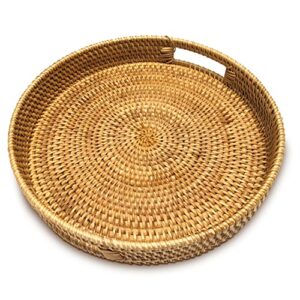 sun farm home - round rattan tray - 11.8 in x 1.7 in hand woven tray with built-in handles rustic décor and round serving tray for coffee table tray, ottoman, and kitchen