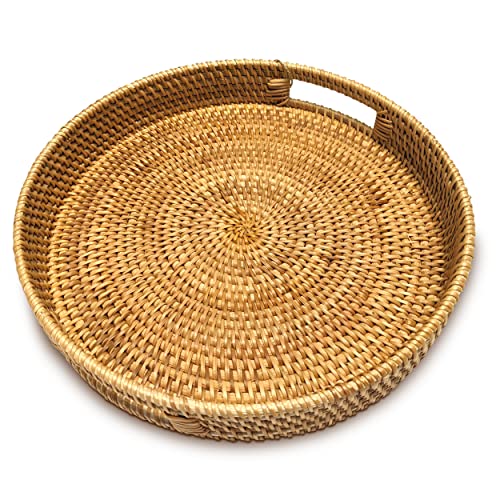 Sun Farm Home - Round Rattan Tray - 11.8 in x 1.7 in Hand Woven Tray with Built-in Handles Rustic Décor and Round Serving Tray for Coffee Table Tray, Ottoman, and Kitchen