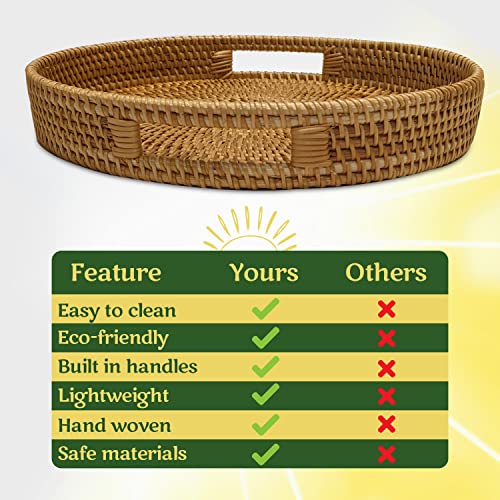 Sun Farm Home - Round Rattan Tray - 11.8 in x 1.7 in Hand Woven Tray with Built-in Handles Rustic Décor and Round Serving Tray for Coffee Table Tray, Ottoman, and Kitchen