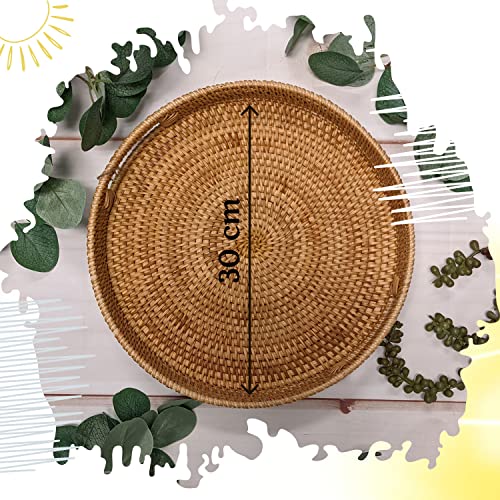 Sun Farm Home - Round Rattan Tray - 11.8 in x 1.7 in Hand Woven Tray with Built-in Handles Rustic Décor and Round Serving Tray for Coffee Table Tray, Ottoman, and Kitchen