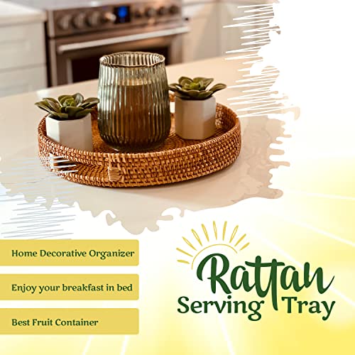 Sun Farm Home - Round Rattan Tray - 11.8 in x 1.7 in Hand Woven Tray with Built-in Handles Rustic Décor and Round Serving Tray for Coffee Table Tray, Ottoman, and Kitchen