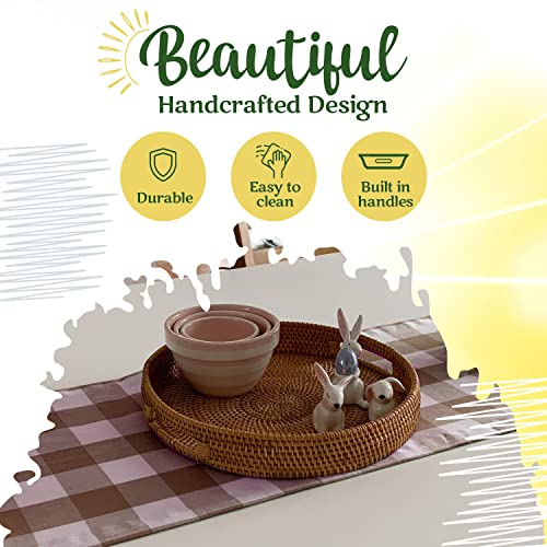 Sun Farm Home - Round Rattan Tray - 11.8 in x 1.7 in Hand Woven Tray with Built-in Handles Rustic Décor and Round Serving Tray for Coffee Table Tray, Ottoman, and Kitchen