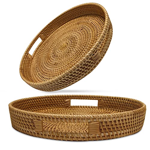 Sun Farm Home - Round Rattan Tray - 11.8 in x 1.7 in Hand Woven Tray with Built-in Handles Rustic Décor and Round Serving Tray for Coffee Table Tray, Ottoman, and Kitchen