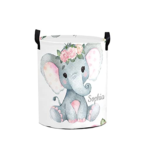 Pink Flower Elephant Laundry Basket Personalized Name Waterproof Laundry Hamper with Handles for Laundry Room Bathroom College