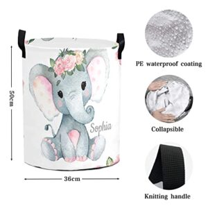 Pink Flower Elephant Laundry Basket Personalized Name Waterproof Laundry Hamper with Handles for Laundry Room Bathroom College