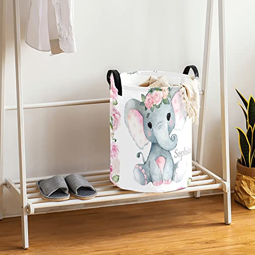 Pink Flower Elephant Laundry Basket Personalized Name Waterproof Laundry Hamper with Handles for Laundry Room Bathroom College