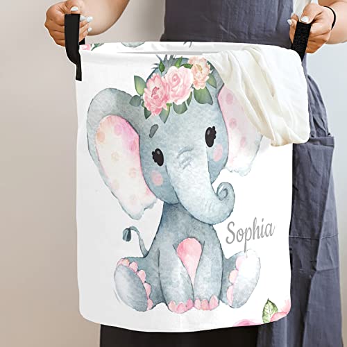 Pink Flower Elephant Laundry Basket Personalized Name Waterproof Laundry Hamper with Handles for Laundry Room Bathroom College