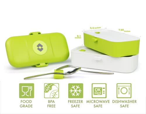 SARZ Bento Lunch Box for Kids - with 2 Containers and 4 Compartments, Modern Stackable Cute Bento Lunch Box with Cutlery Set, Two Adjustable Dividers, Microwave and Dishwasher Safe (Green)