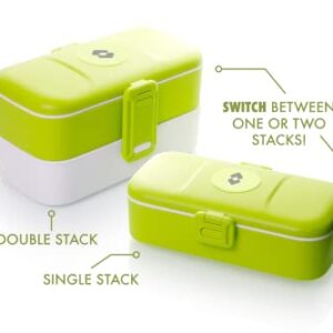 SARZ Bento Lunch Box for Kids - with 2 Containers and 4 Compartments, Modern Stackable Cute Bento Lunch Box with Cutlery Set, Two Adjustable Dividers, Microwave and Dishwasher Safe (Green)