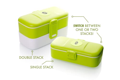 SARZ Bento Lunch Box for Kids - with 2 Containers and 4 Compartments, Modern Stackable Cute Bento Lunch Box with Cutlery Set, Two Adjustable Dividers, Microwave and Dishwasher Safe (Green)