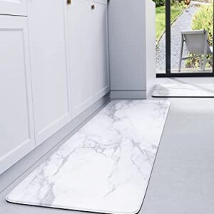 Comfort Anti Fatigue Standing Mats for Kitchen Floor, TEMASH Cushioned Floor Rugs Non Slip, 2 Pieces Set for Home, Kitchen, Office, Sink (White Marble)