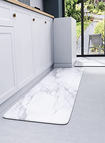 Comfort Anti Fatigue Standing Mats for Kitchen Floor, TEMASH Cushioned Floor Rugs Non Slip, 2 Pieces Set for Home, Kitchen, Office, Sink (White Marble)