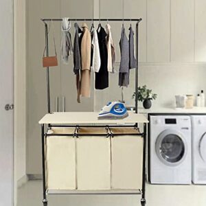 laundry sorter cart with ironing board 3-section laundry hamper and hanging bar clothes rack heavy-duty rolling laundry cart with 3 removable bags