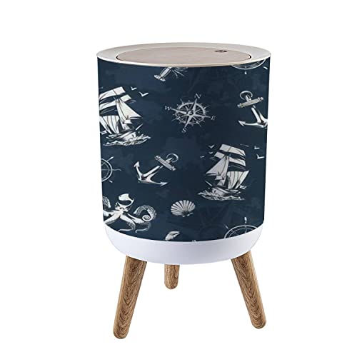 IBPNKFAZ89 Small Trash Can with Lid Vintage sea and Nautical Seamless Sailing Ship navigational Garbage Bin Wood Waste Press Cover Round Wastebasket for Bathroom Bedroom Office Kitchen 8.66x14.3inch