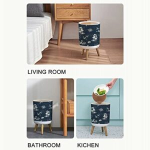 IBPNKFAZ89 Small Trash Can with Lid Vintage sea and Nautical Seamless Sailing Ship navigational Garbage Bin Wood Waste Press Cover Round Wastebasket for Bathroom Bedroom Office Kitchen 8.66x14.3inch