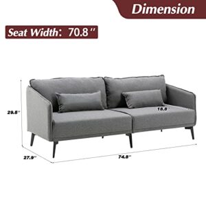 COSVALVE Modern Grey 3 Seater Sofa Couch, 74 inch Fabric Upholstered Sofa with Two Cushions, Single Sofa for Living Room Bedroom Office, Metal Leg