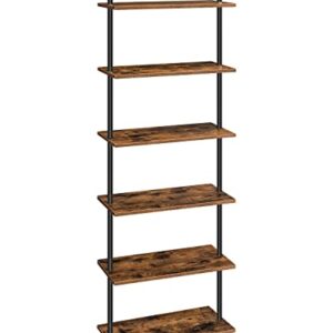 HOOBRO DIY Ladder Shelf, 6-Tier Wall Mounted Bookshelf, Office Vertical Bookcase, Wooden Storage Shelves for Home Office, Bedroom, Rustic Brown and Black BF65CJ01