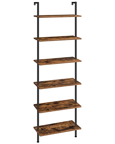 HOOBRO DIY Ladder Shelf, 6-Tier Wall Mounted Bookshelf, Office Vertical Bookcase, Wooden Storage Shelves for Home Office, Bedroom, Rustic Brown and Black BF65CJ01